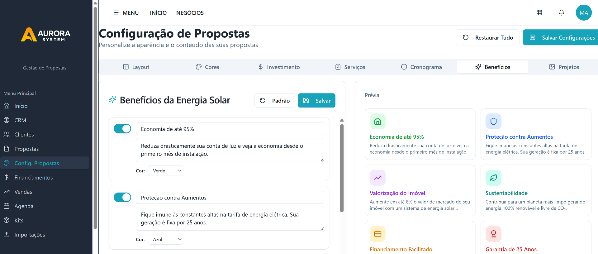 Aurora System – Software de Propostas para Energia Solar